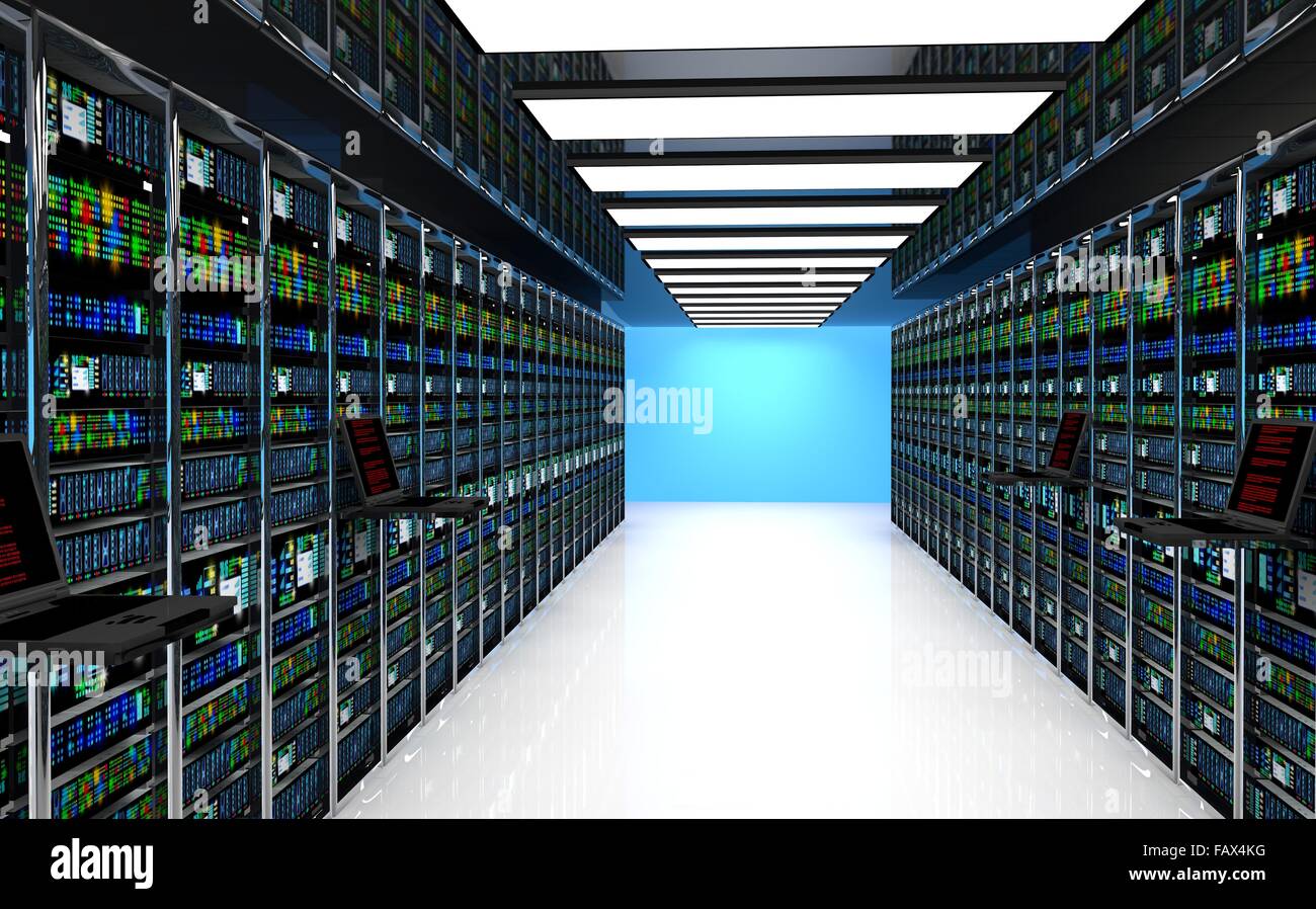 Terminal monitor in server room with server racks in datacenter ...