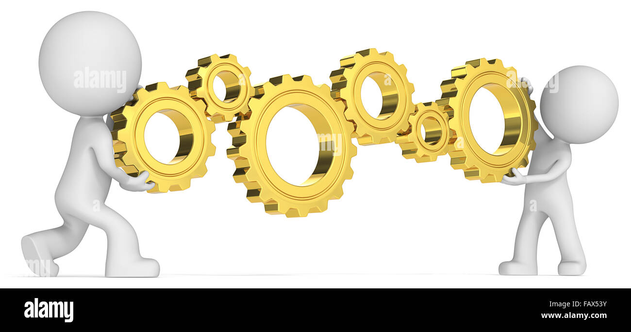 Dude 3D characters X2 holding 6 Golden Cogwheels. Side view Stock Photo ... Dude 3D characters X2 holding 6 Golden Cogwheels. Side view Stock Photo ...