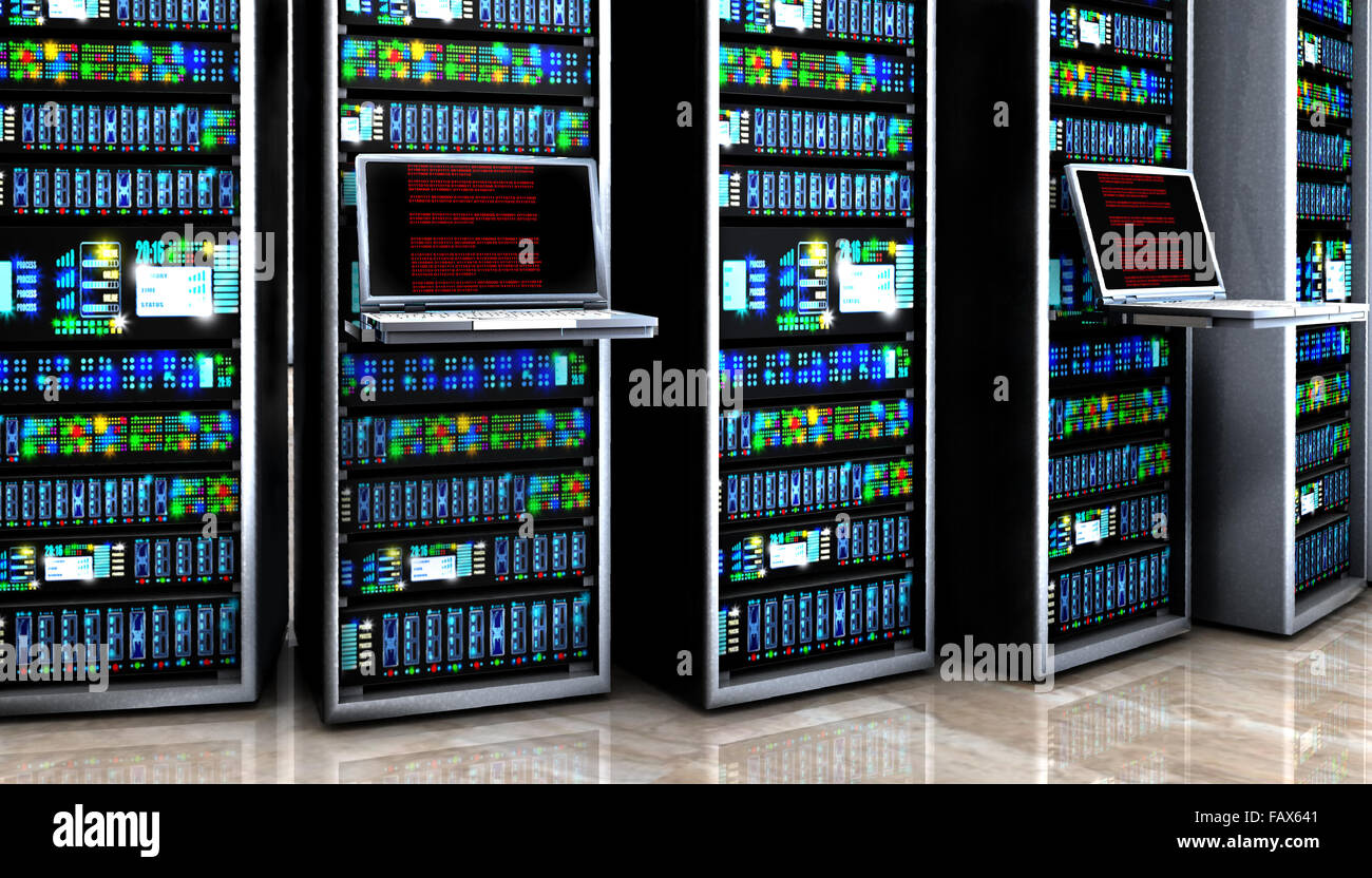 Terminal monitor in server room with server racks in datacenter ...