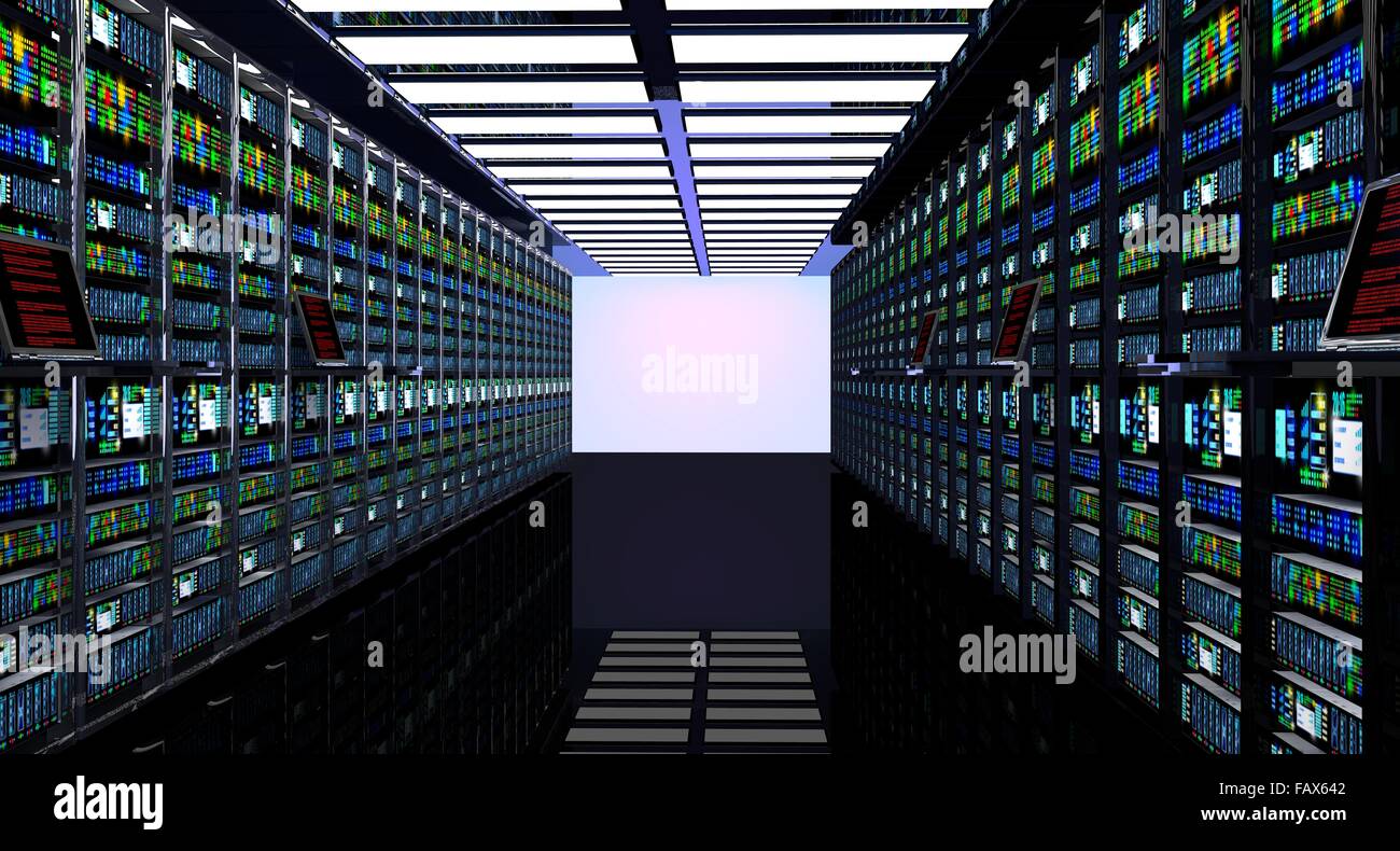Terminal monitor in server room with server racks in datacenter ...