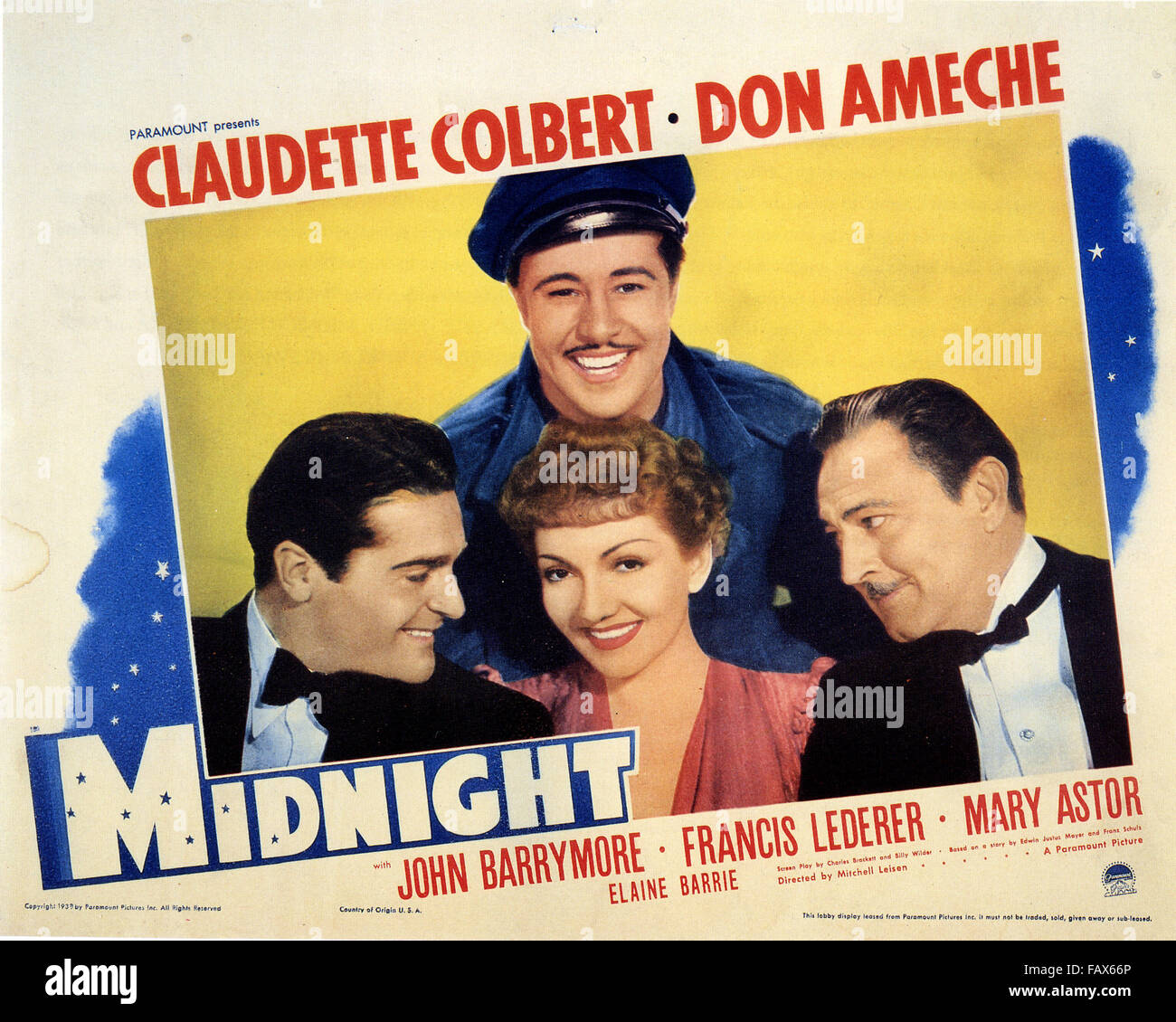 MIDNIGHT 1939 Paramount Pictures film with Claudette Colbert and Don ...