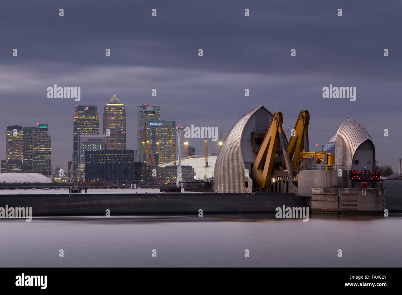 the London Thames Flood barrier during a surge tide 6th december 2013 ...