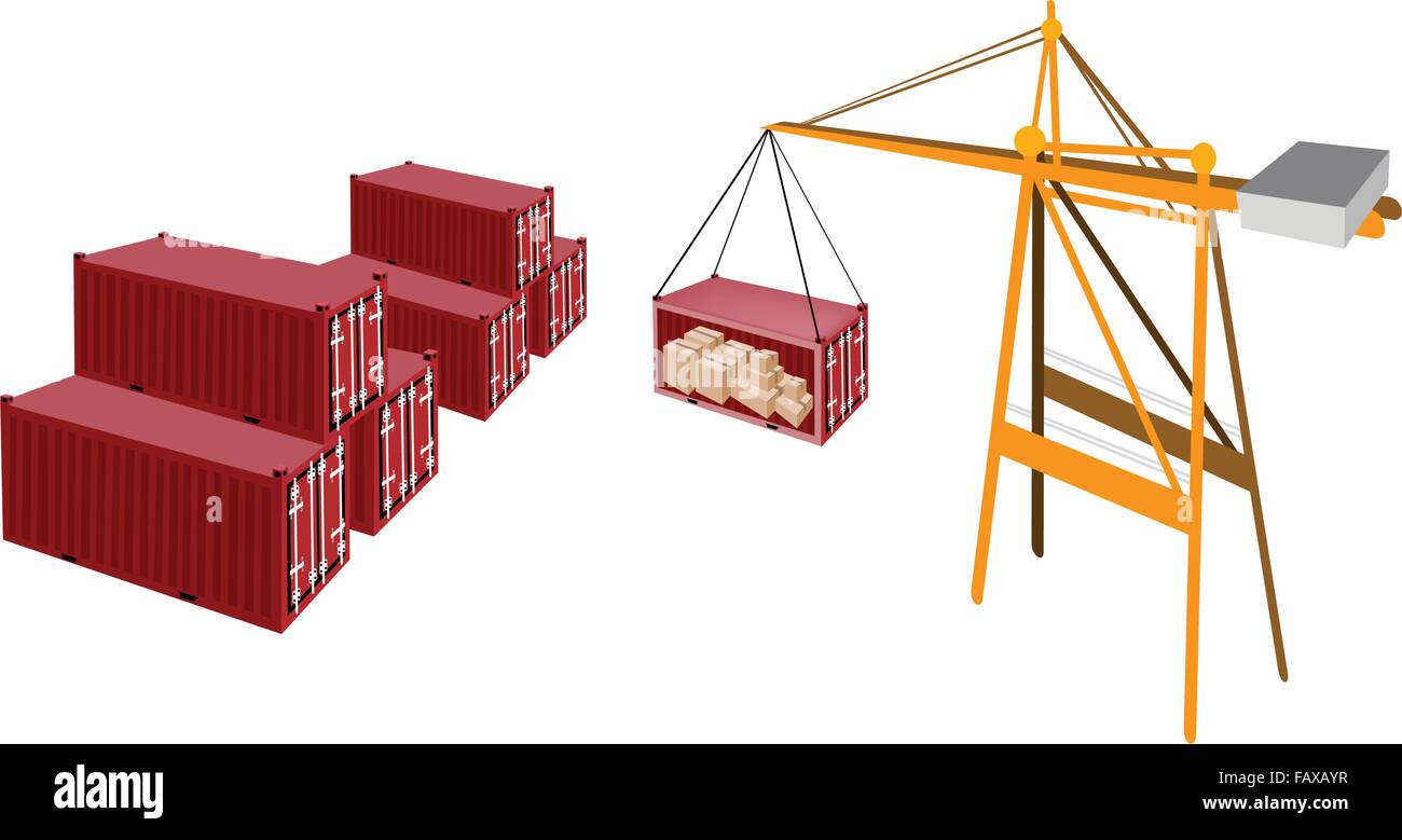 A Container Crane Lifting A Red Freight Container from Stack To A Ship, Container Crane Is A ...