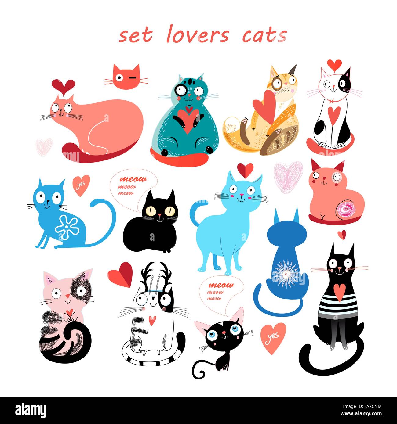 Beautiful vector illustration of a set of cats in love with heart Stock ...