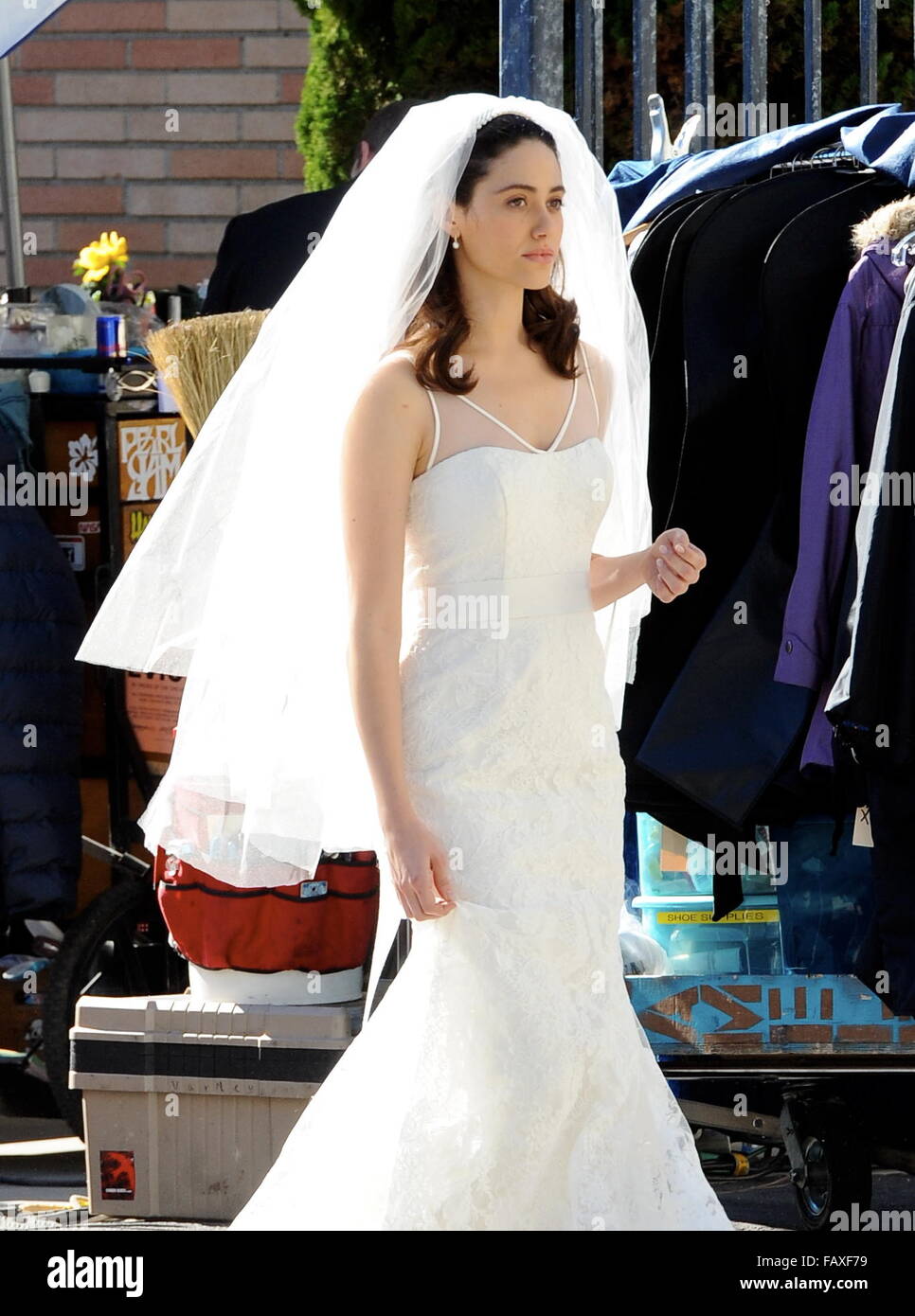 Actress Emmy Rossum looking flawless in a wedding dress as she filming ...