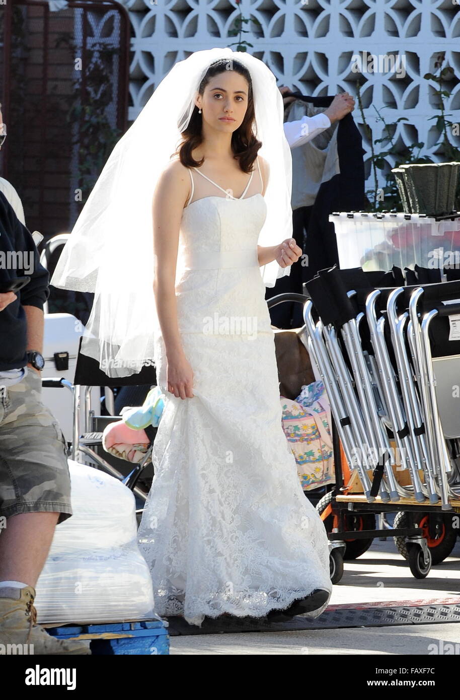 Actress Emmy Rossum looking flawless in a wedding dress as she filming ...