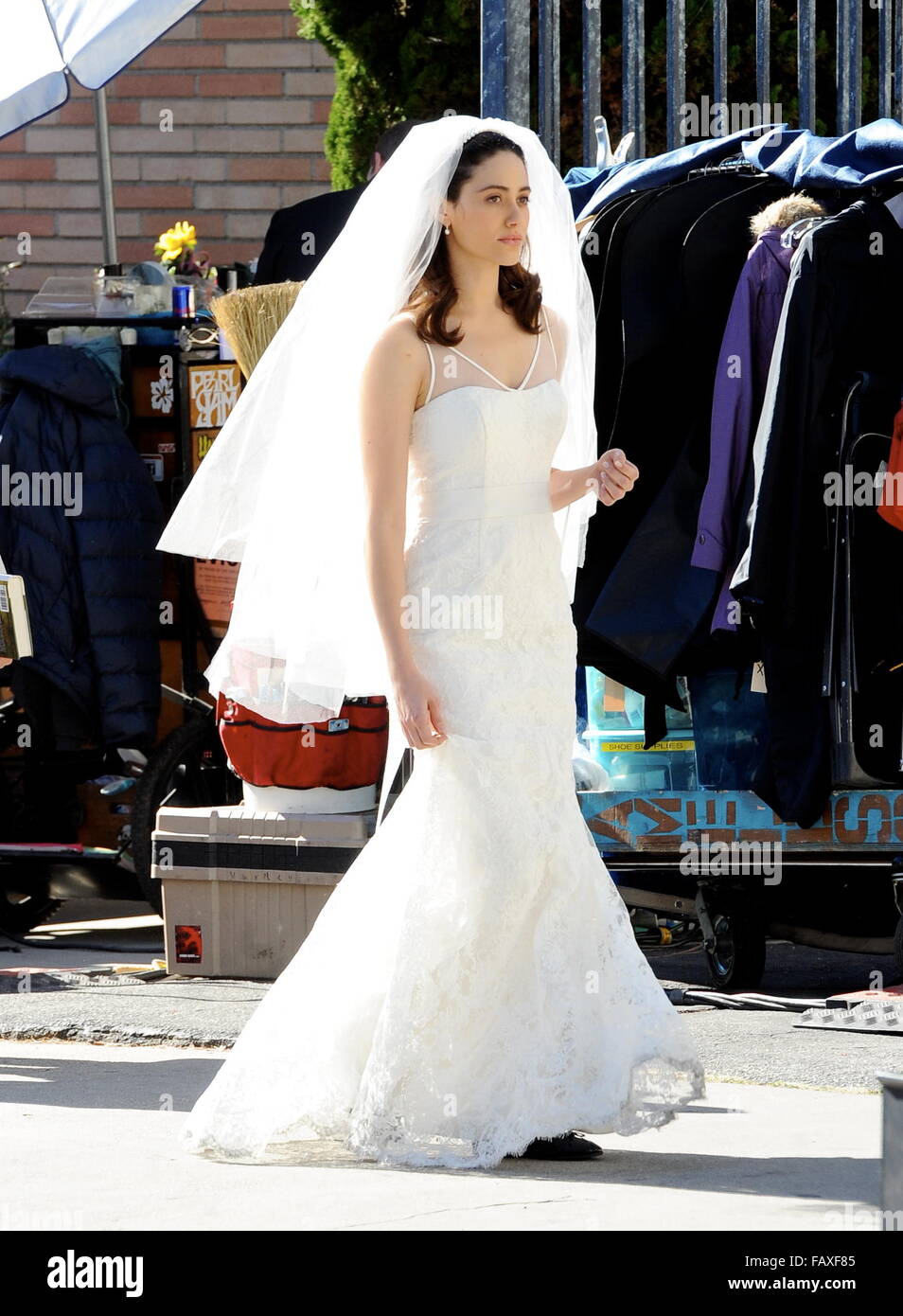 Actress Emmy Rossum looking flawless in a wedding dress as she filming ...