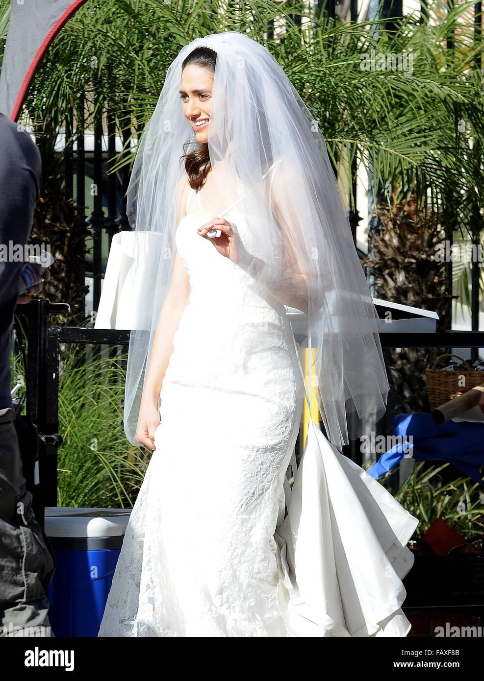 Actress Emmy Rossum looking flawless in a wedding dress as she filming ...
