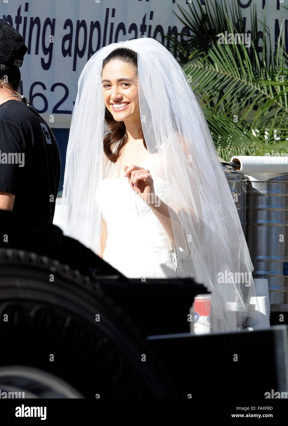 Actress Emmy Rossum looking flawless in a wedding dress as she filming ...