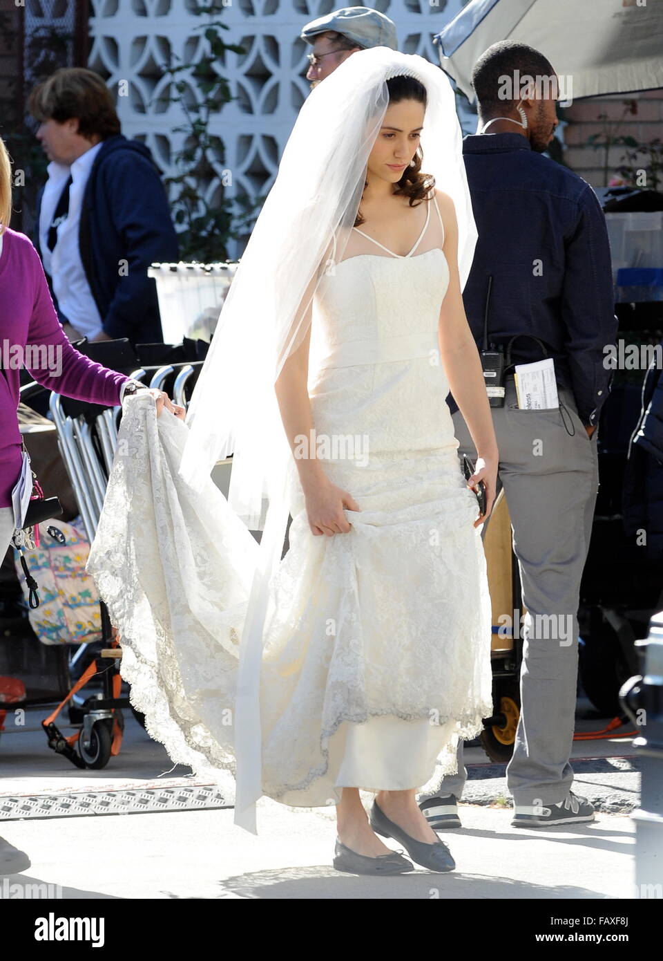 Actress Emmy Rossum looking flawless in a wedding dress as she filming ...