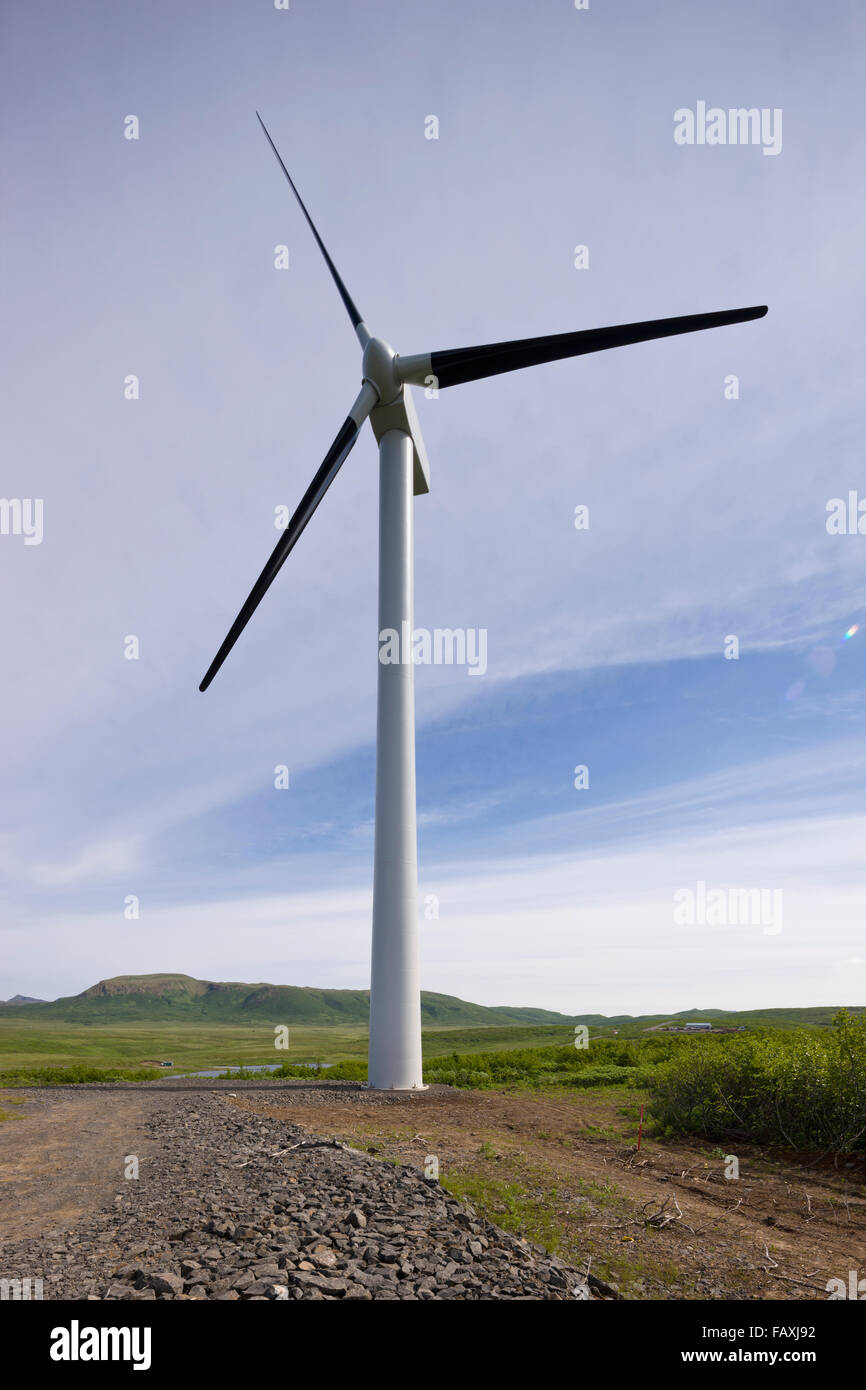 A single wind turbine, Sand Point, Southwestern Alaska, USA, Summer ...