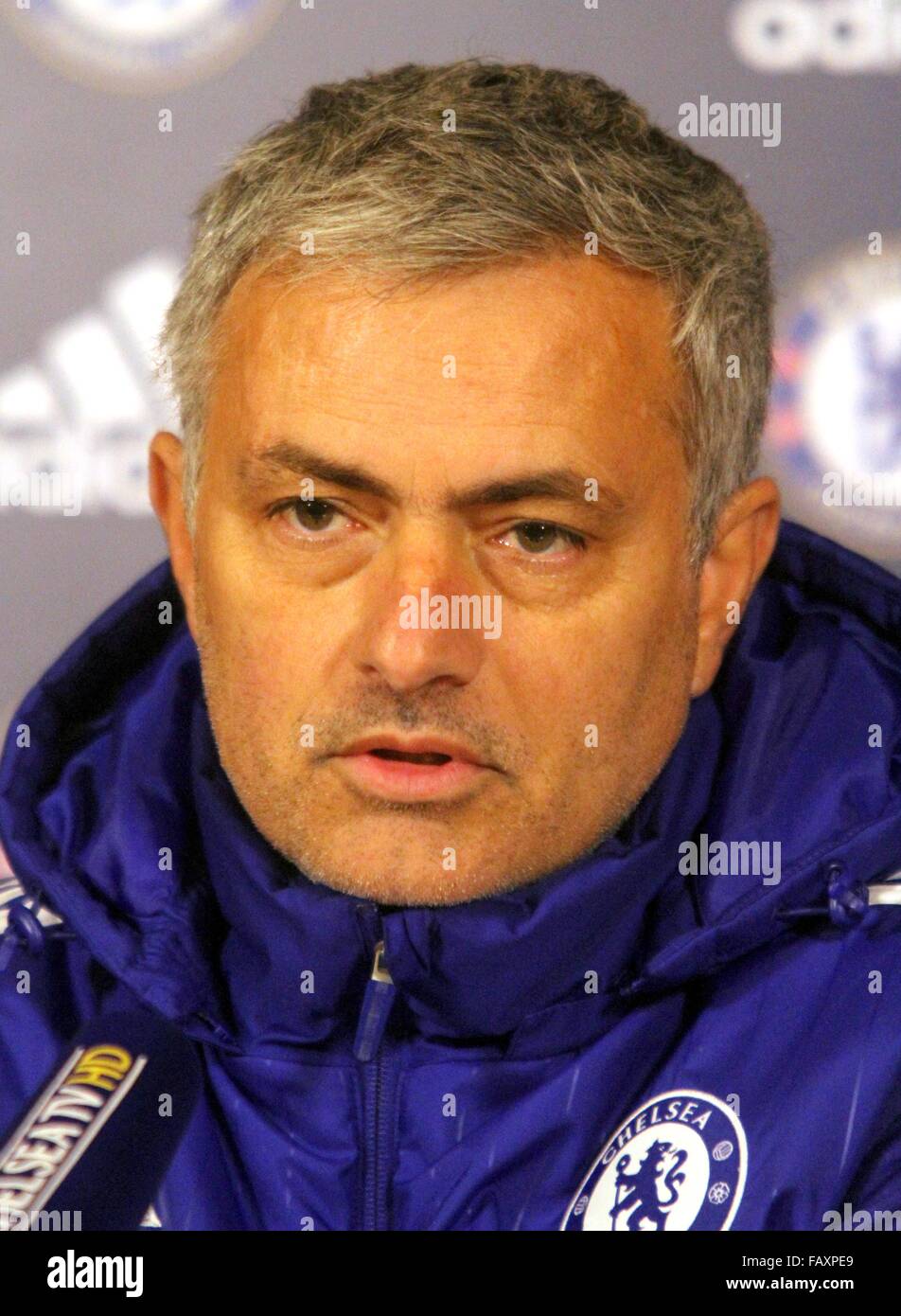 Jose Mourinho attends a press conference at Chelsea's Cobham training ...