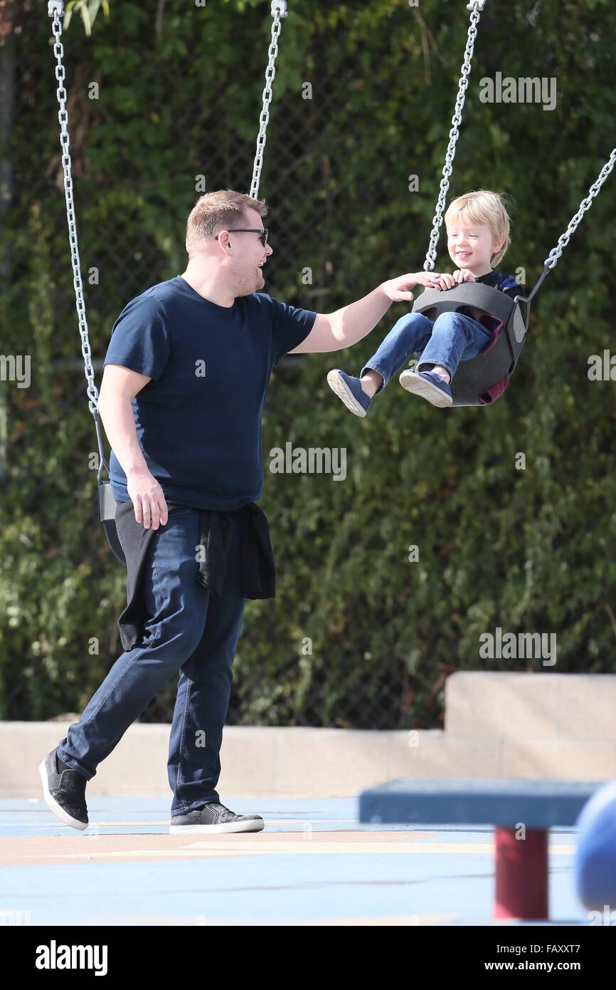 James Corden plays with his son Max at the park Featuring: James Corden ...