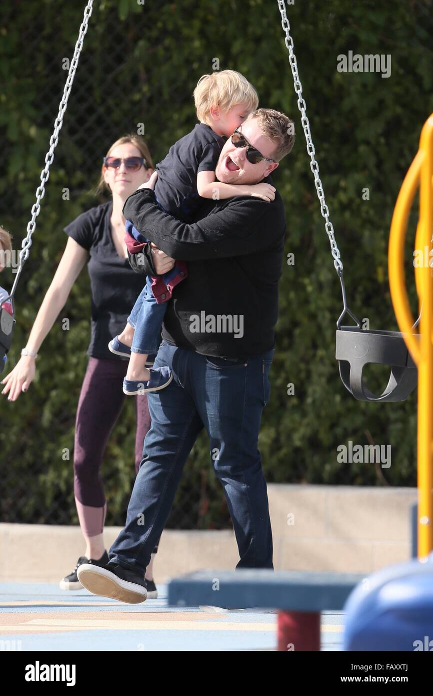 James Corden plays with his son Max at the park Featuring: James Corden ...