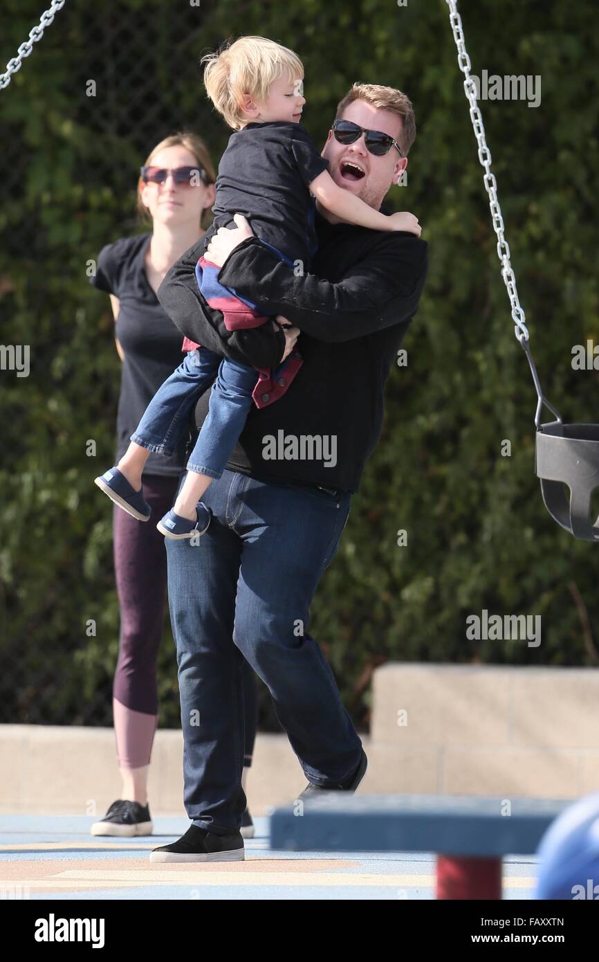 James Corden plays with his son Max at the park Featuring: James Corden ...