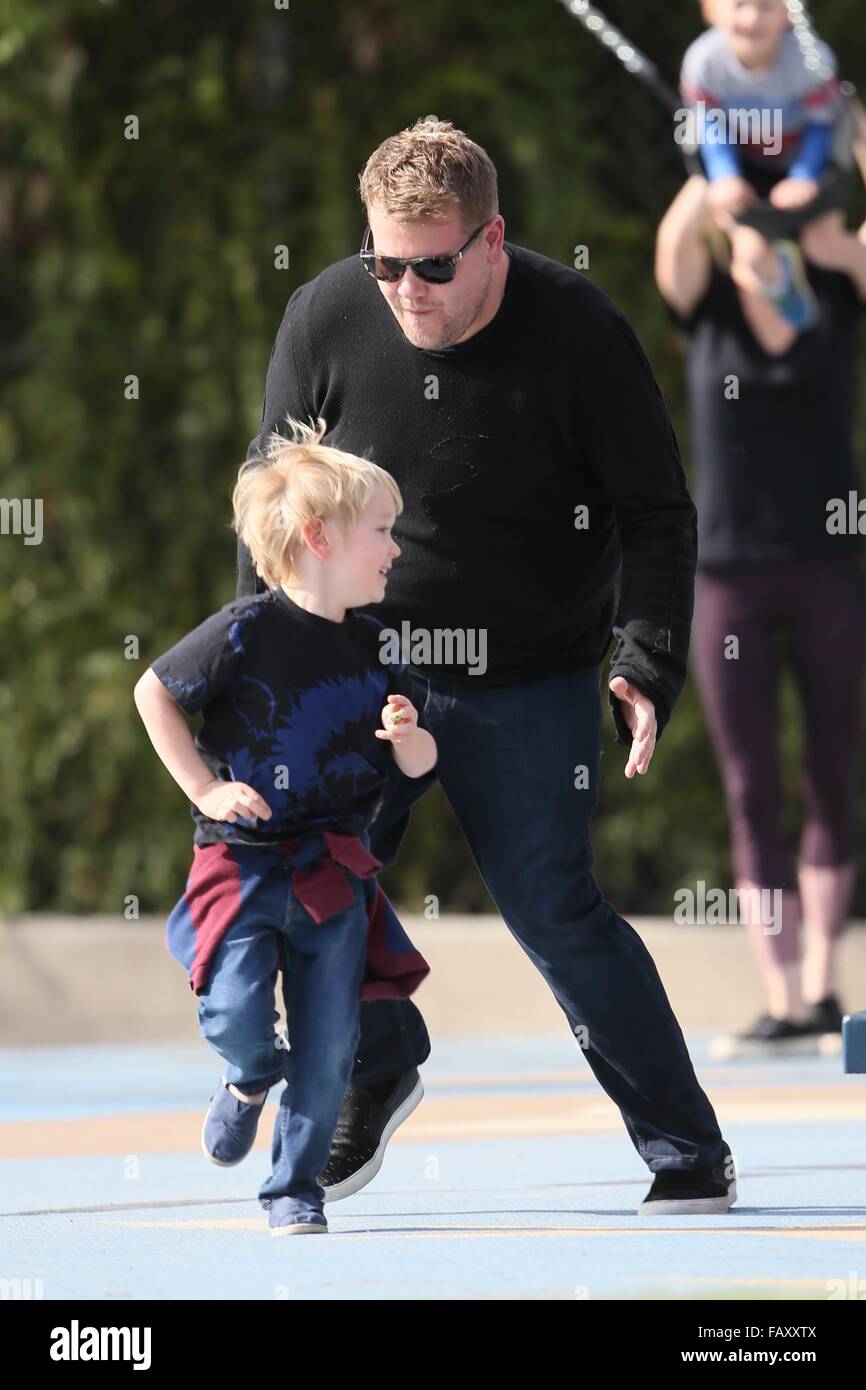 James Corden plays with his son Max at the park Featuring: James Corden ...