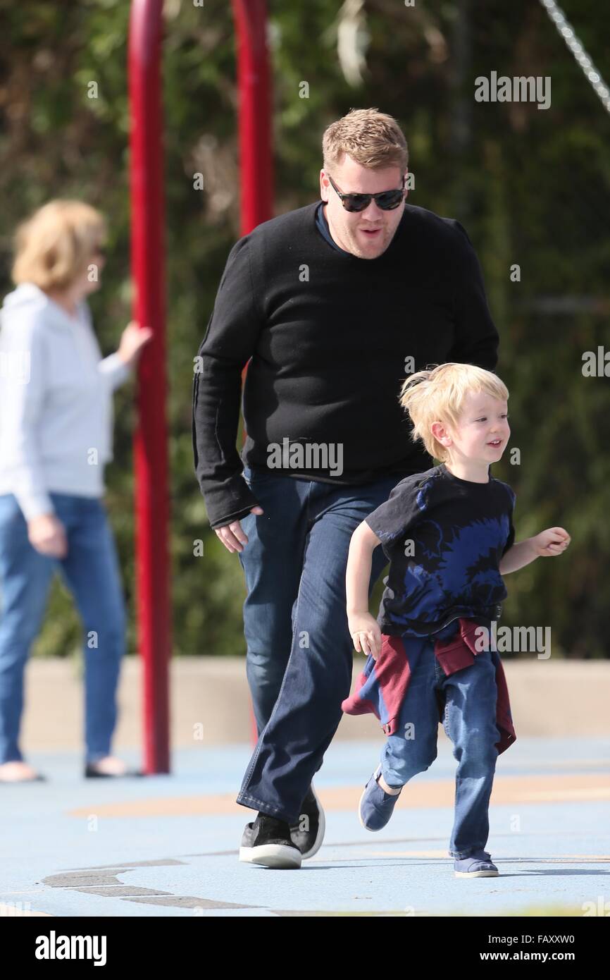 James Corden plays with his son Max at the park Featuring: James Corden ...