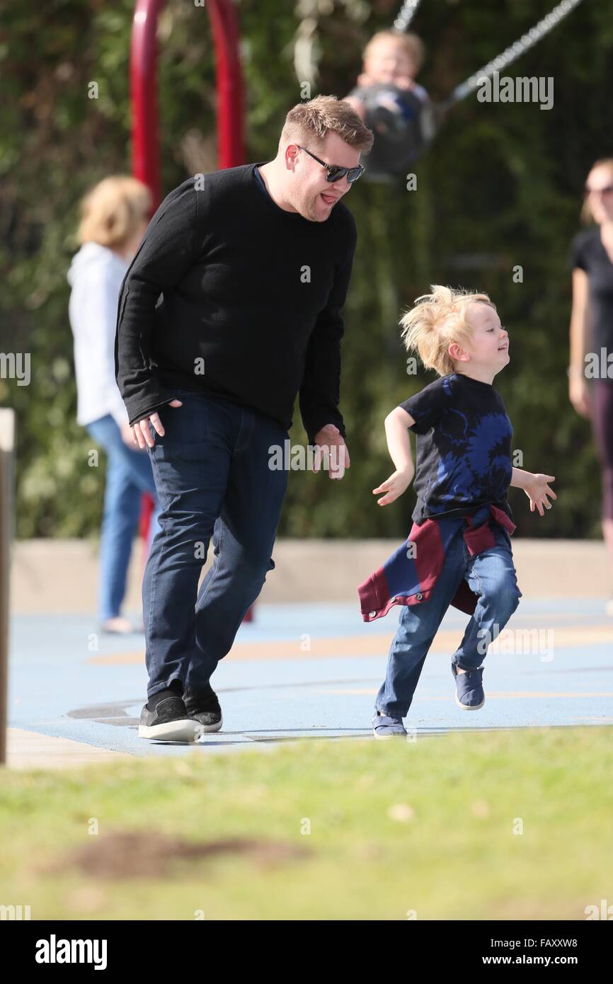 James Corden plays with his son Max at the park Featuring: James Corden ...