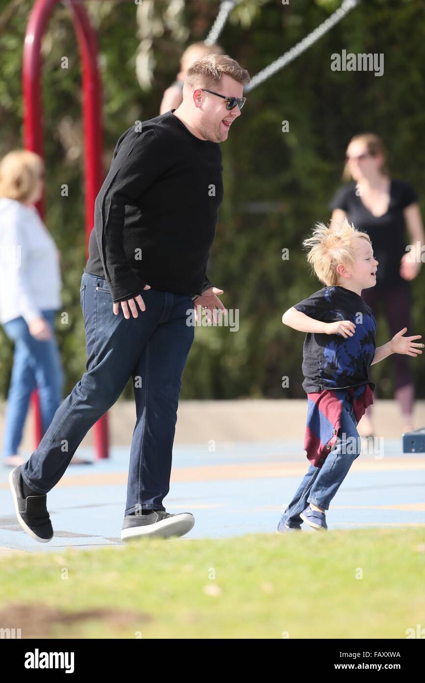 James Corden plays with his son Max at the park Featuring: James Corden ...