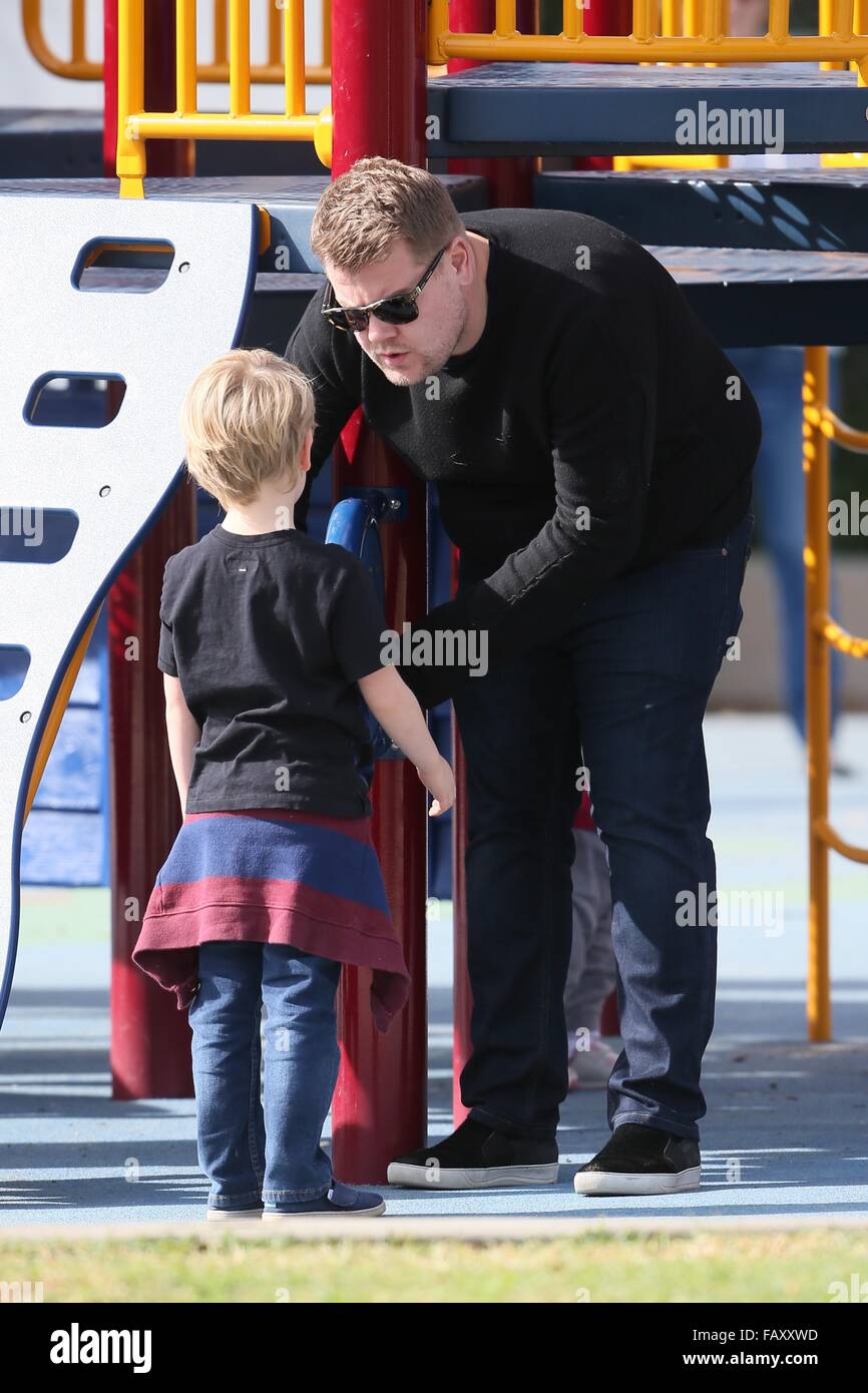 James Corden plays with his son Max at the park Featuring: James Corden ...