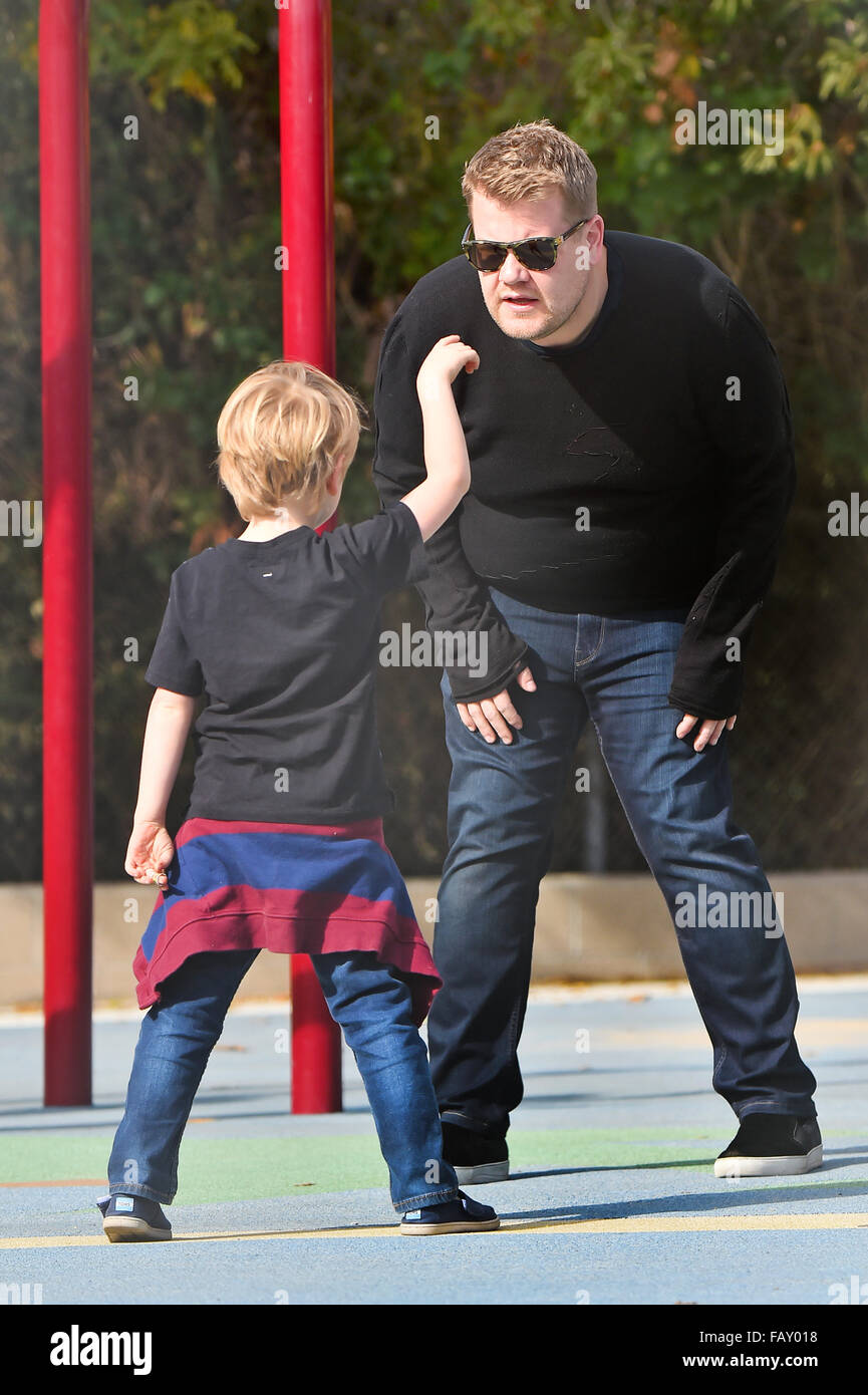James Corden plays with his son Max at the park Featuring: James Corden ...