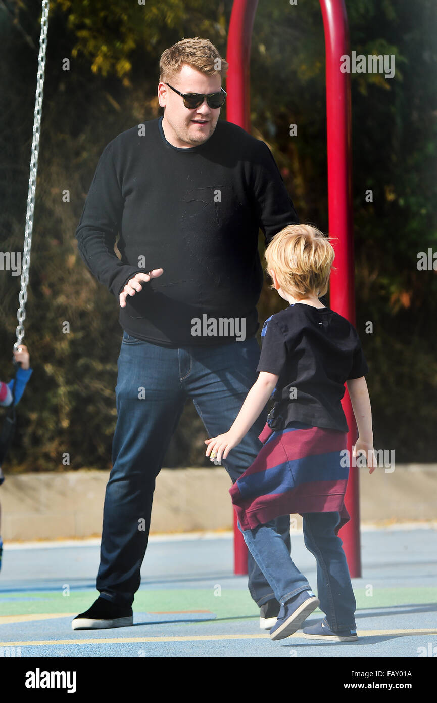 James Corden plays with his son Max at the park Featuring: James Corden ...