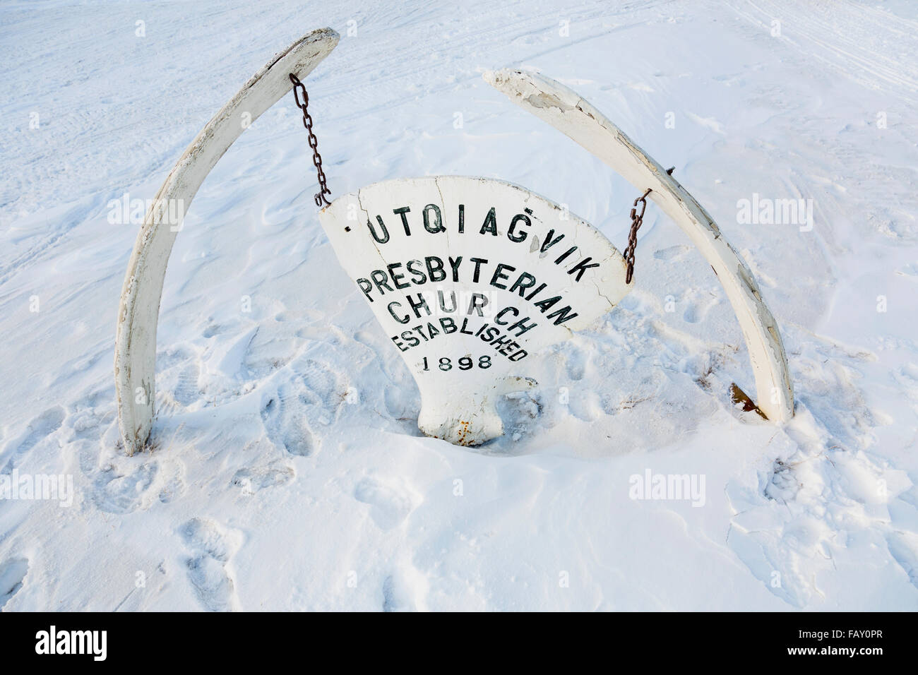 Utqiagvik Presbyterian church whale bone sign, Barrow, North Slope ...