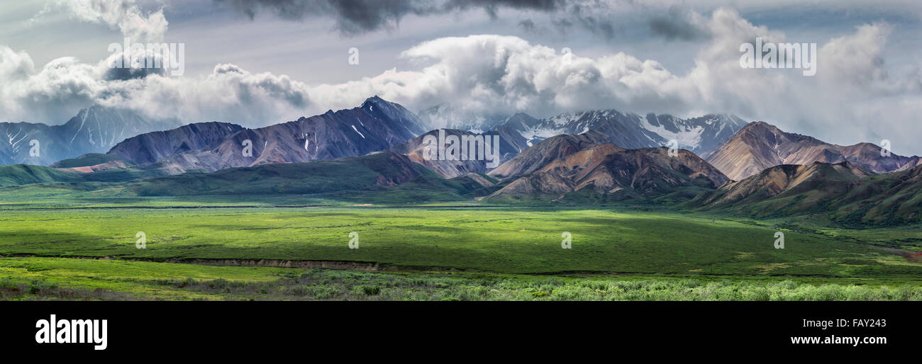 Panoramic scenic of Polychrome Pass and the Alaska Range, Denali ...