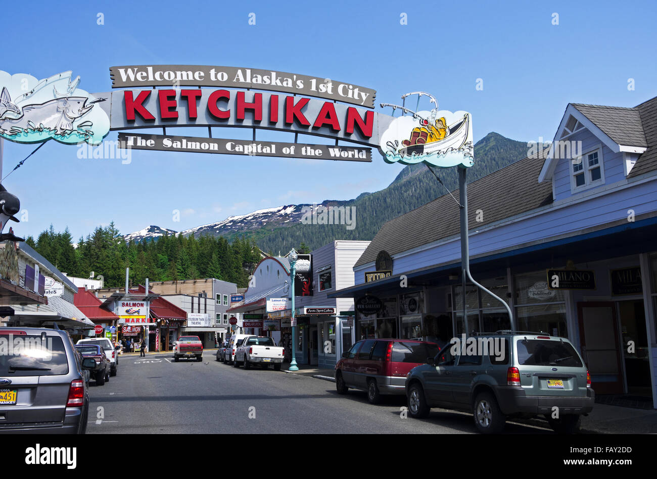 Ketchikan welcome sign hangs over Mission Street, Southeast Alaska ...