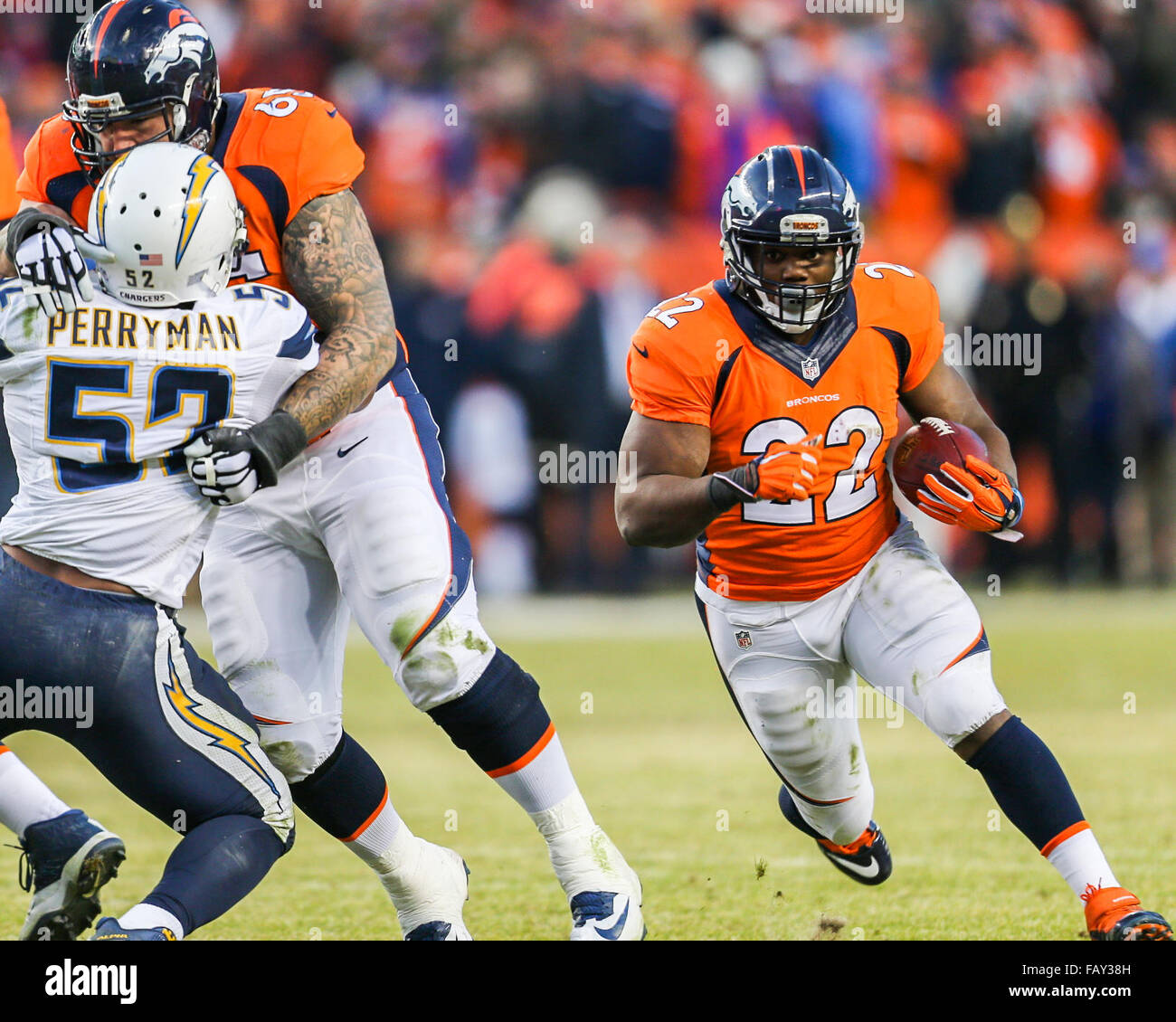 January 3, 2016: Denver Broncos running back C.J. Anderson (22) makes a ...