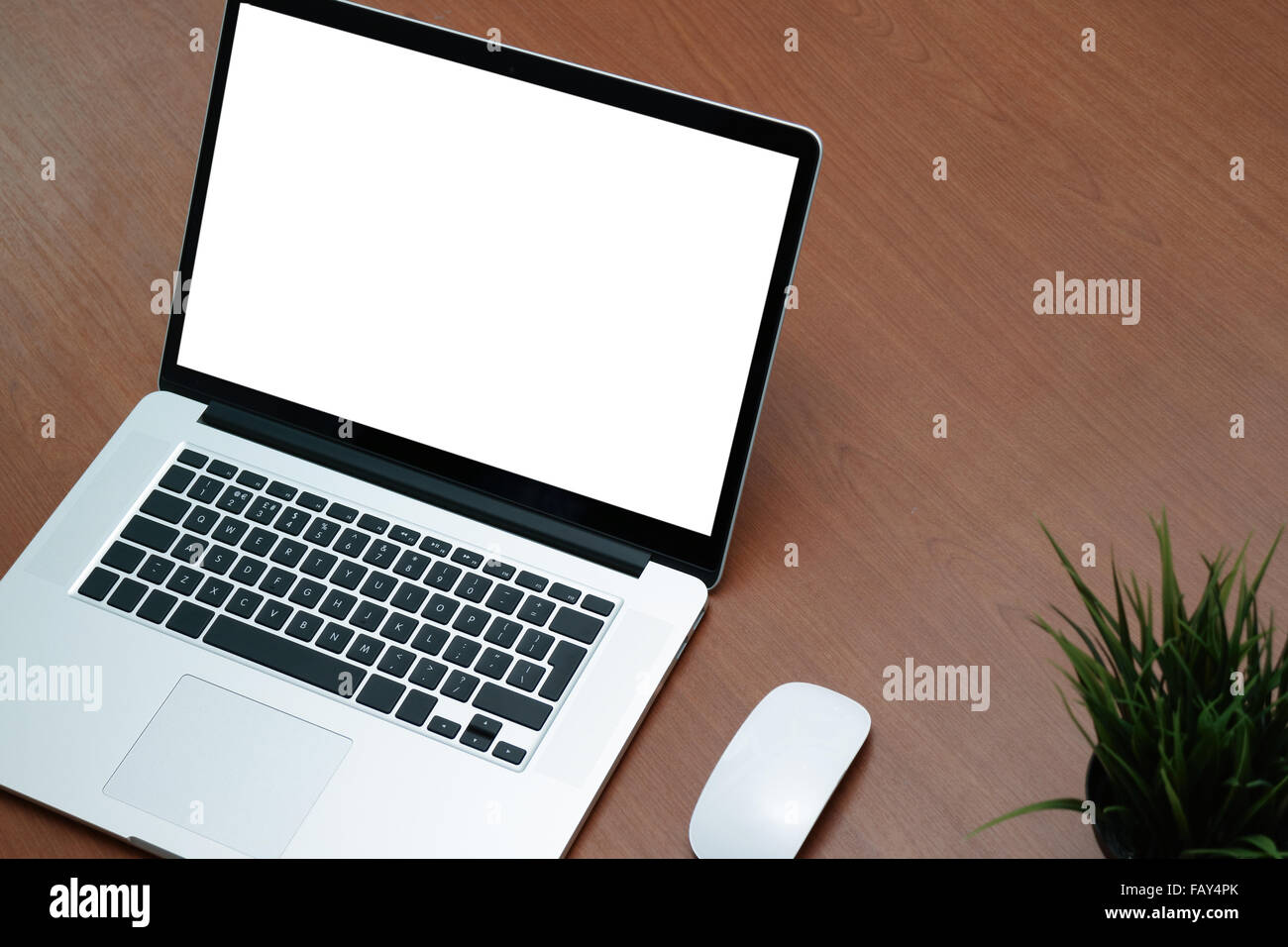 Top view of Office workplace with laptop and mouse on wood table Stock ...