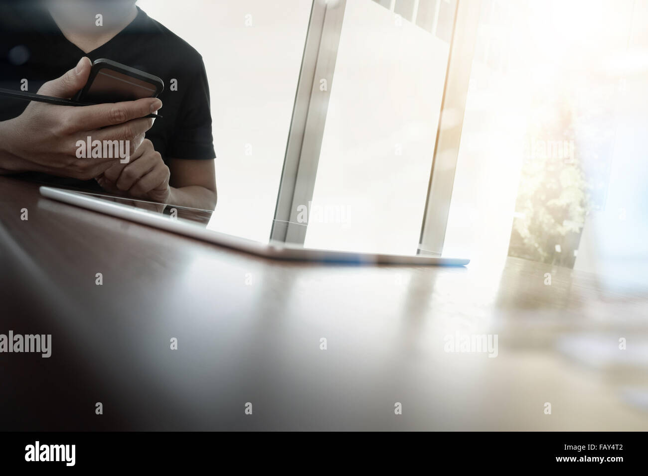 businessman hand working with new tablet modern computer and smart ...