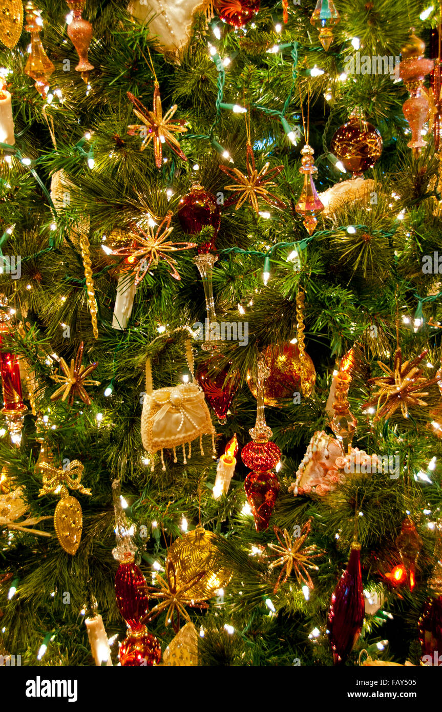 Assorted decorations on a Christmas tree Stock Photo - Alamy