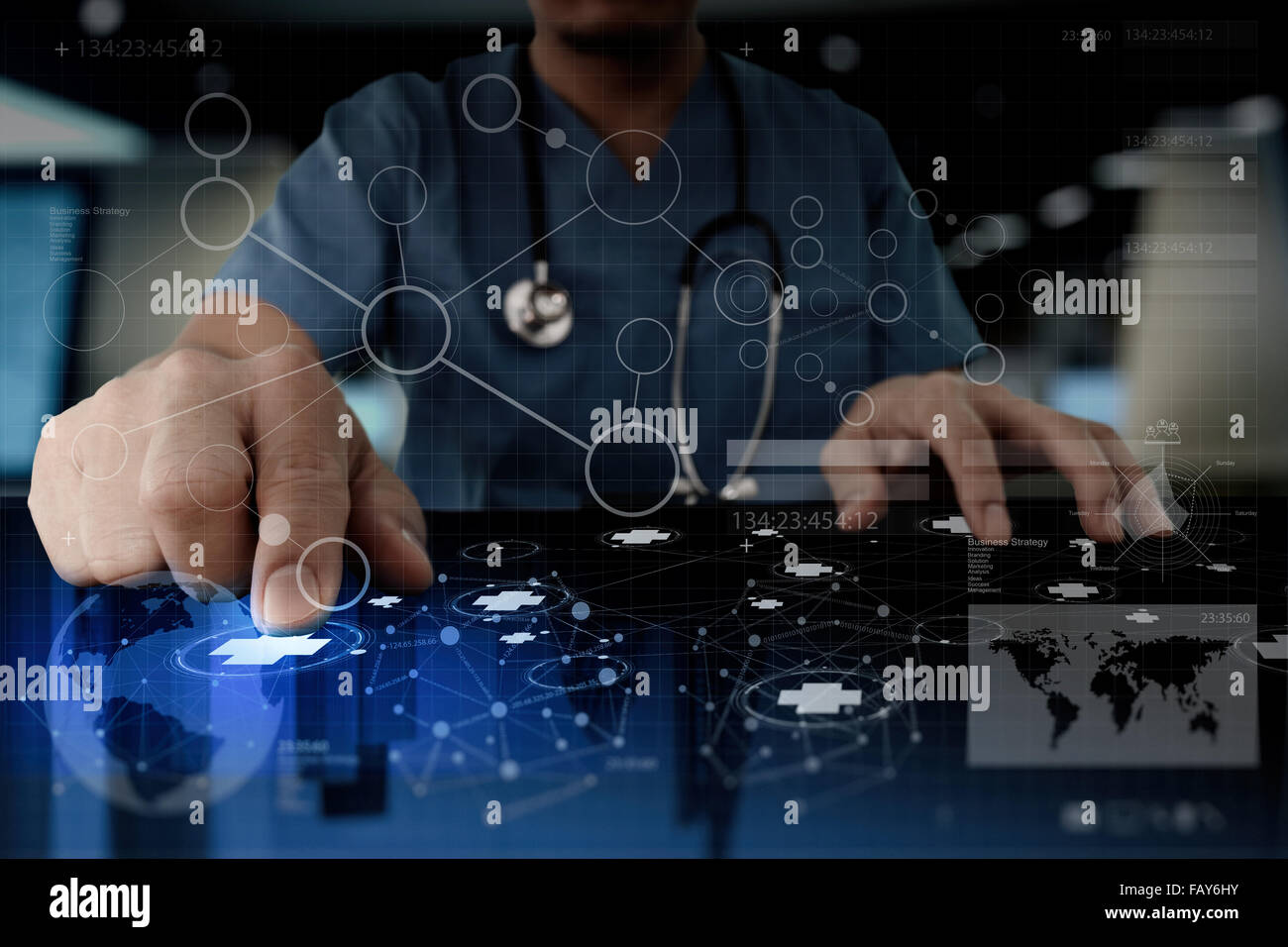 Medicine doctor hand working with modern computer interface as medical ...