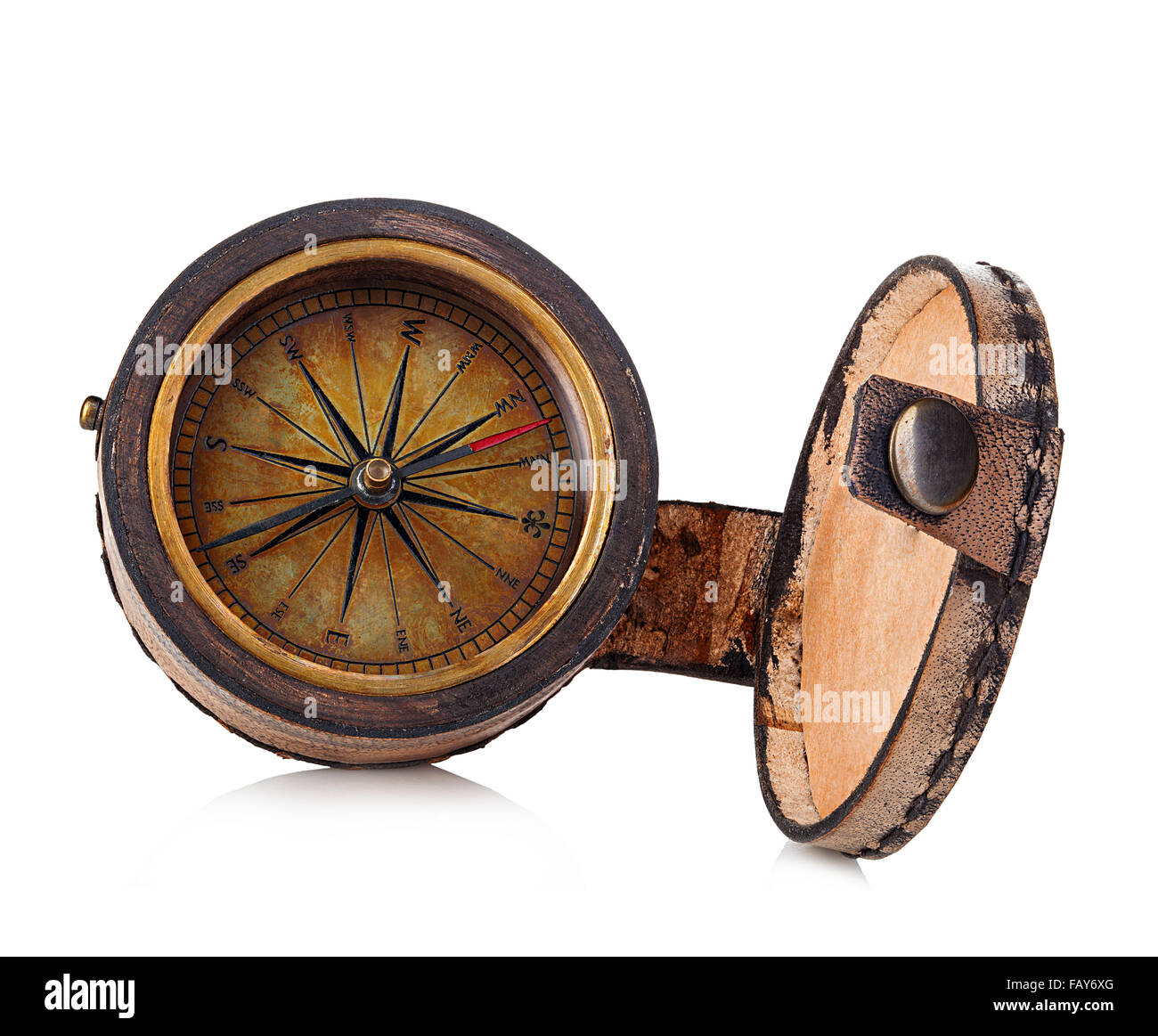 Vintage copper compass in a leather case isolated on a white background ...