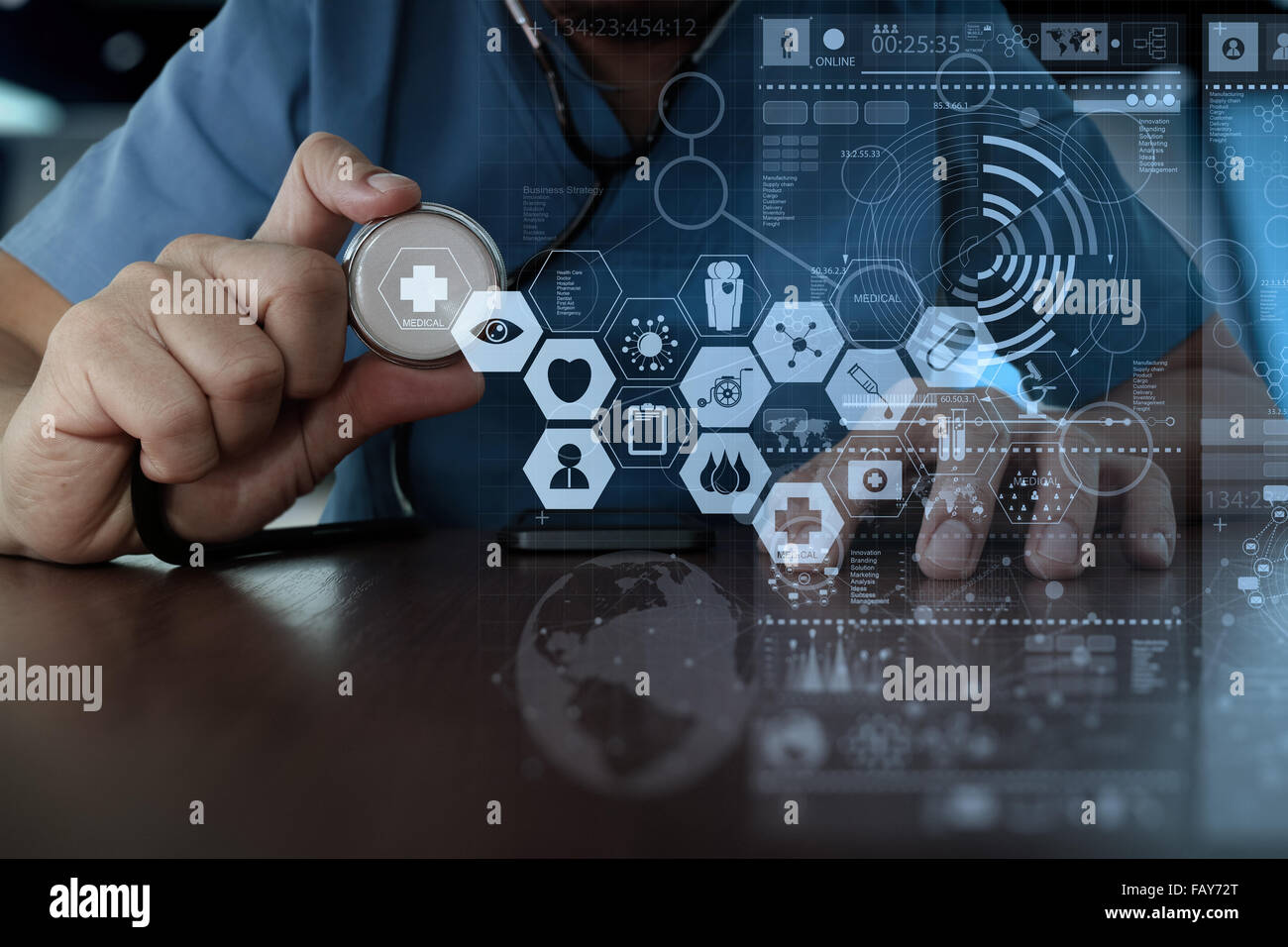 Medicine doctor hand working with modern computer interface as medical ...