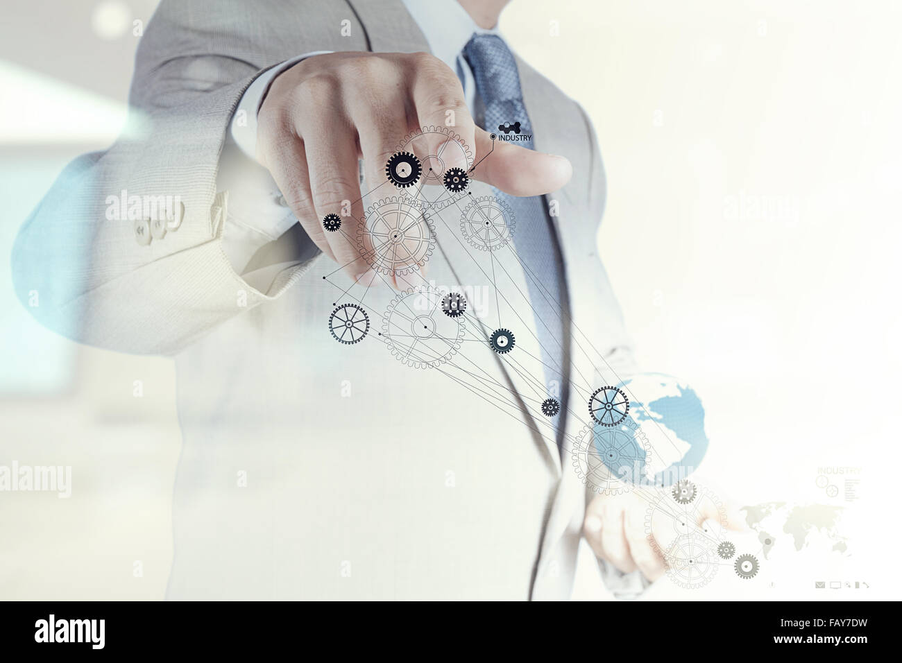 Double exposure of businessman hand points gear to success as concept ...