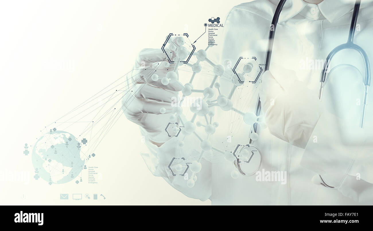 Double exposure of scientist doctor hand touch virtual molecular ...
