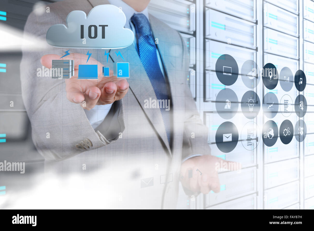 double exposure of hand showing Internet of things (IoT) word diagram ...