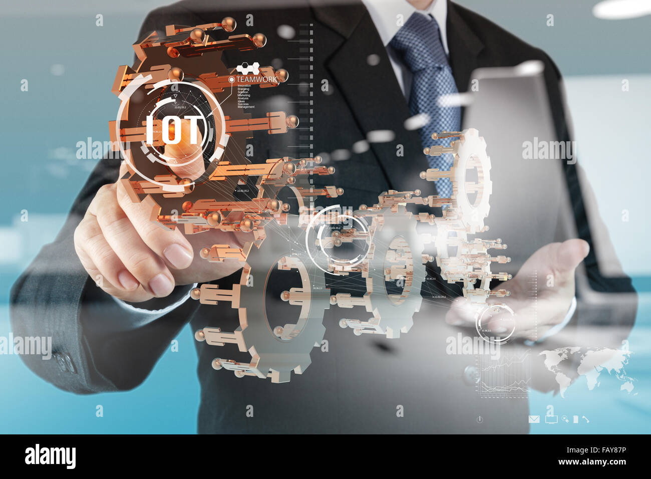 double exposure of hand showing Internet of things (IoT) word diagram ...