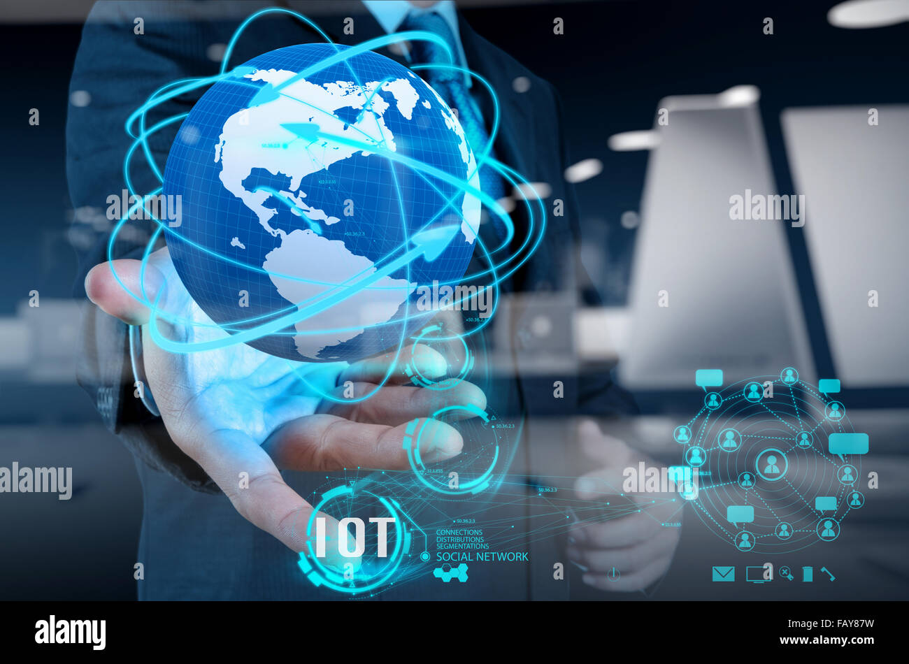 double exposure of hand showing Internet of things (IoT) word diagram ...