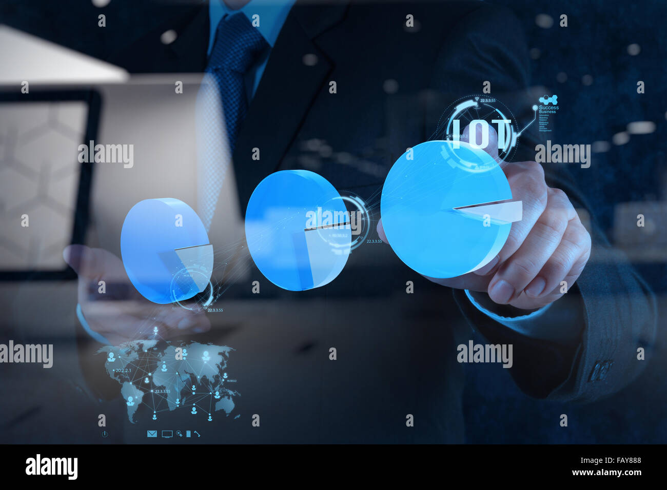 double exposure of hand showing Internet of things (IoT) word diagram ...