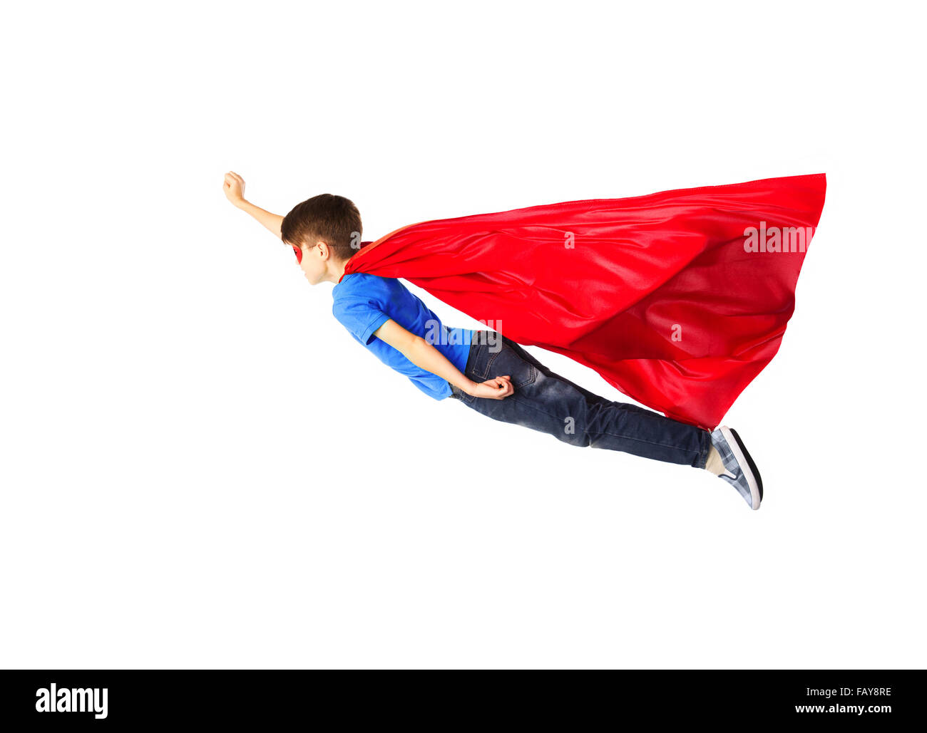 boy in red superhero cape and mask flying on air Stock Photo - Alamy