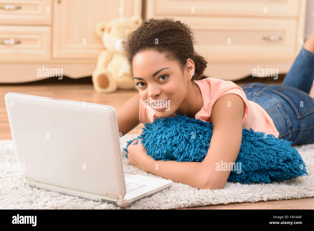 Pleasant girl working on computer Stock Photo - Alamy