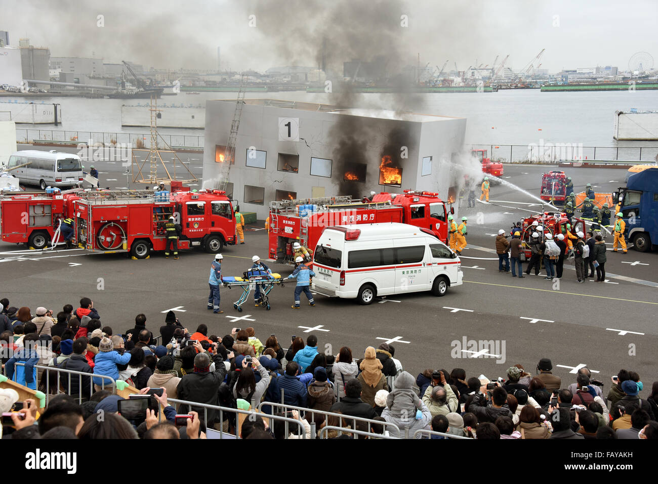 Tokyo, Japan. 6th Jan, 2016. Firefighters demonstrate their ...