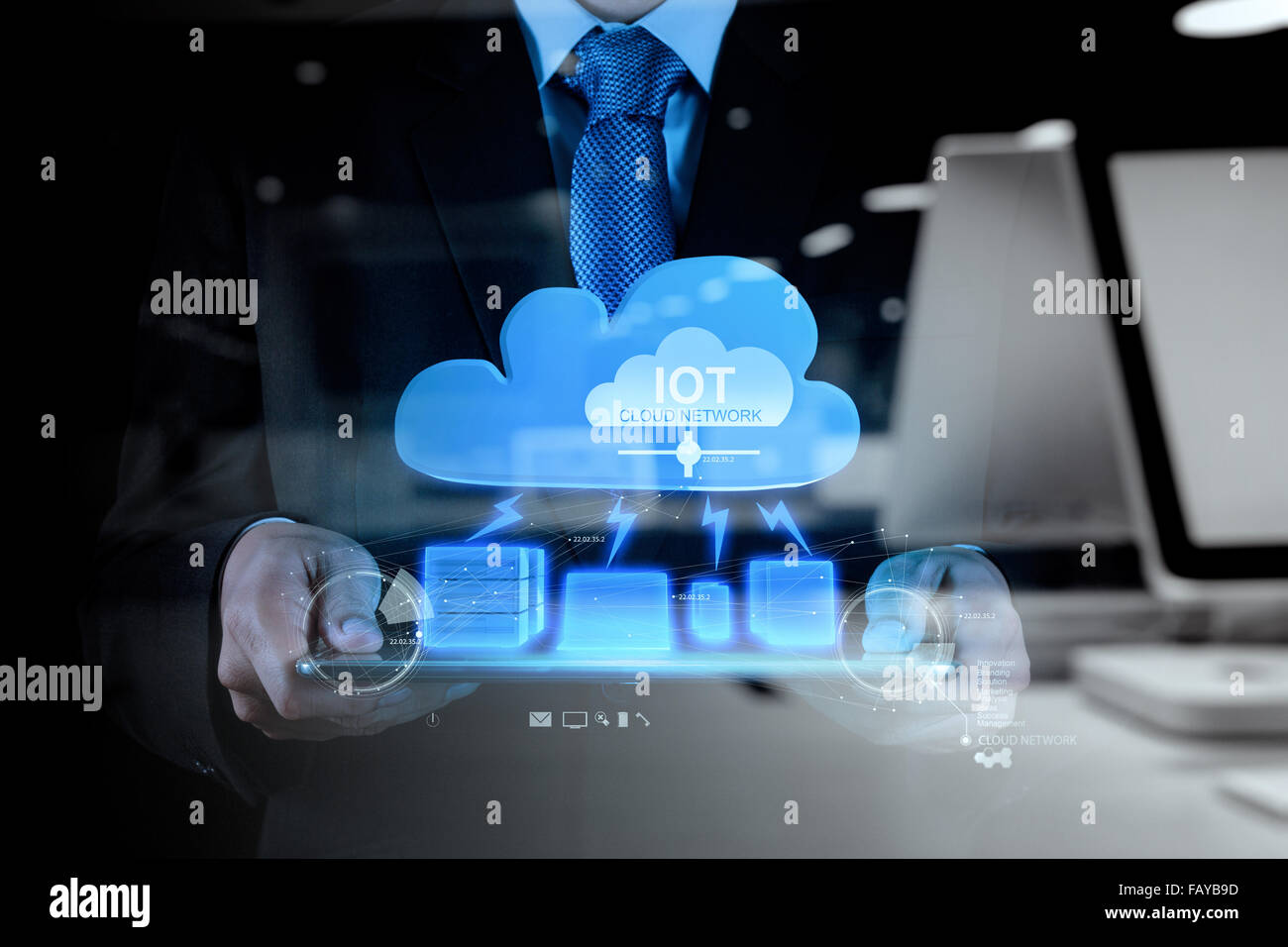 double exposure of hand showing Internet of things (IoT) word diagram ...