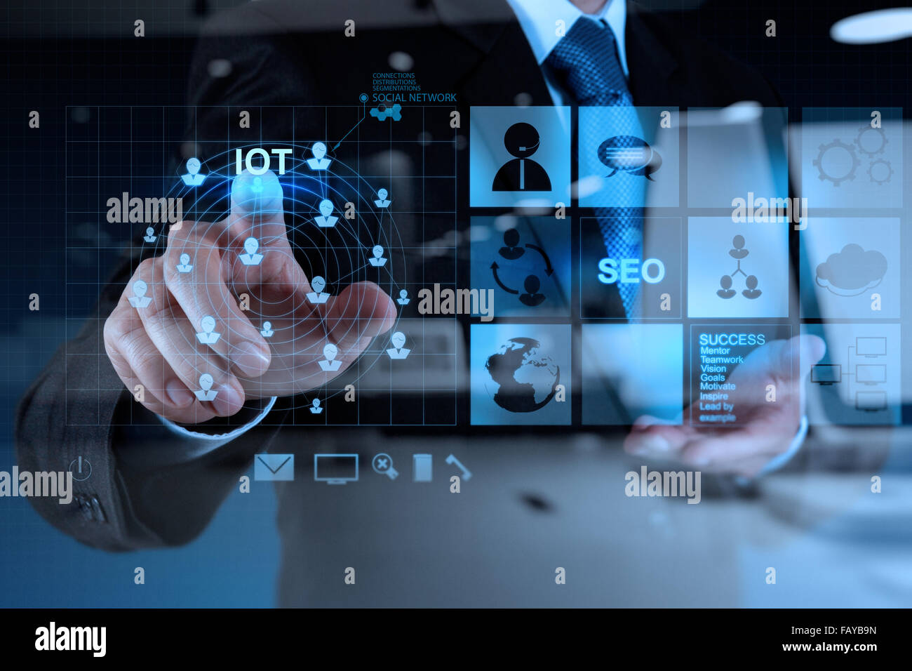 double exposure of hand showing Internet of things (IoT) word diagram ...