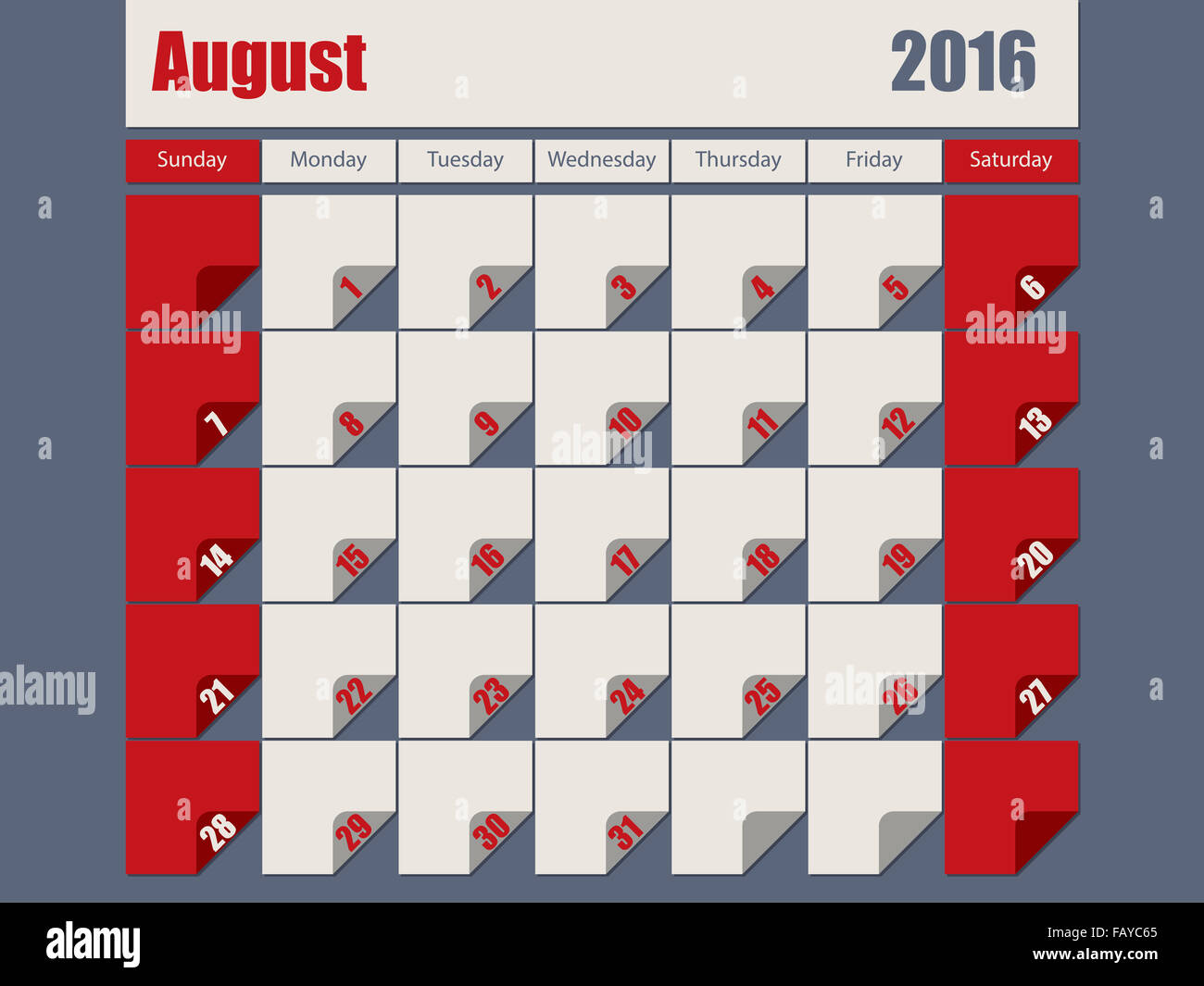Gray red colored 2016 calendar design for august month Stock Photo - Alamy