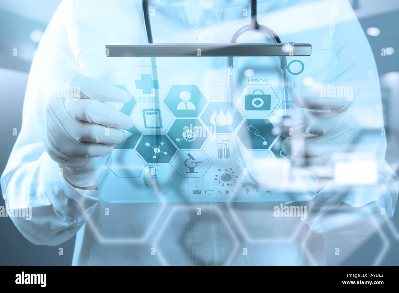 double exposure of Medicine doctor working with modern computer ...