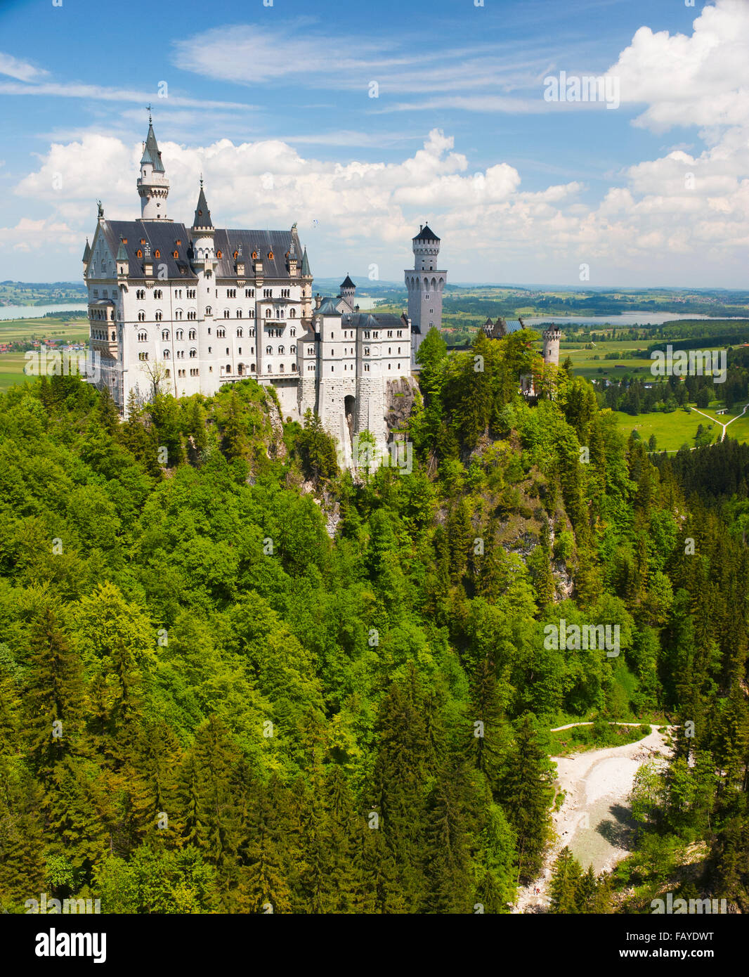 Neuschwanstein Castle with the river gorge, near the town of Fussen ...